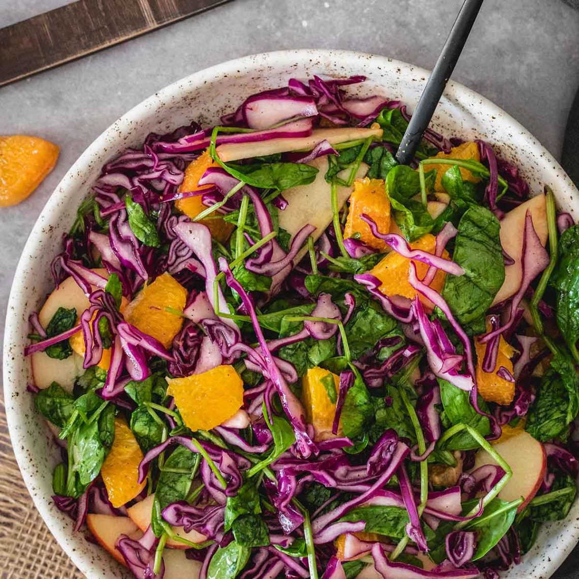 Red Cabbage Salad with Apple, Orange, and Spinach - Yummy Addiction