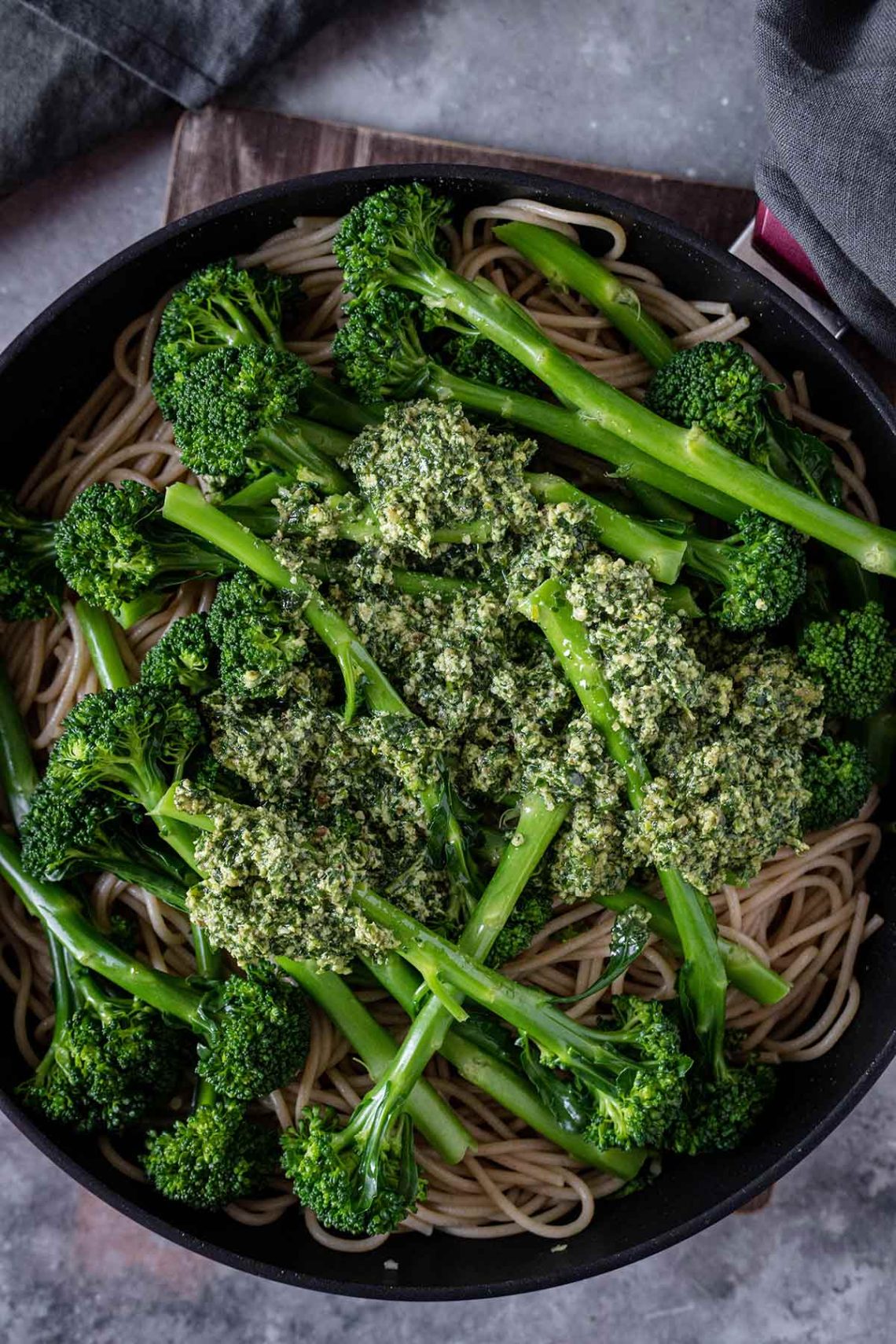 Broccolini Pasta with Arugula Pesto and Spinach