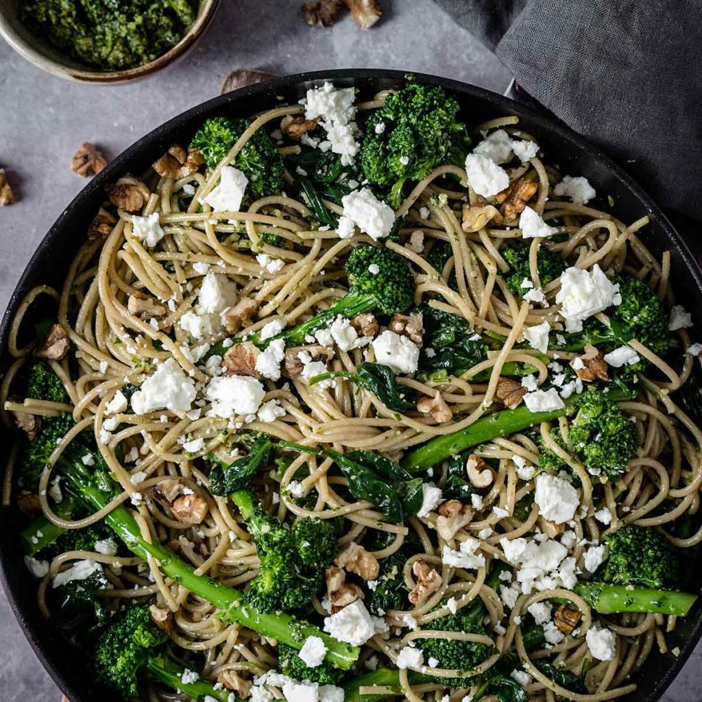 Broccolini Pasta with Arugula Pesto and Spinach